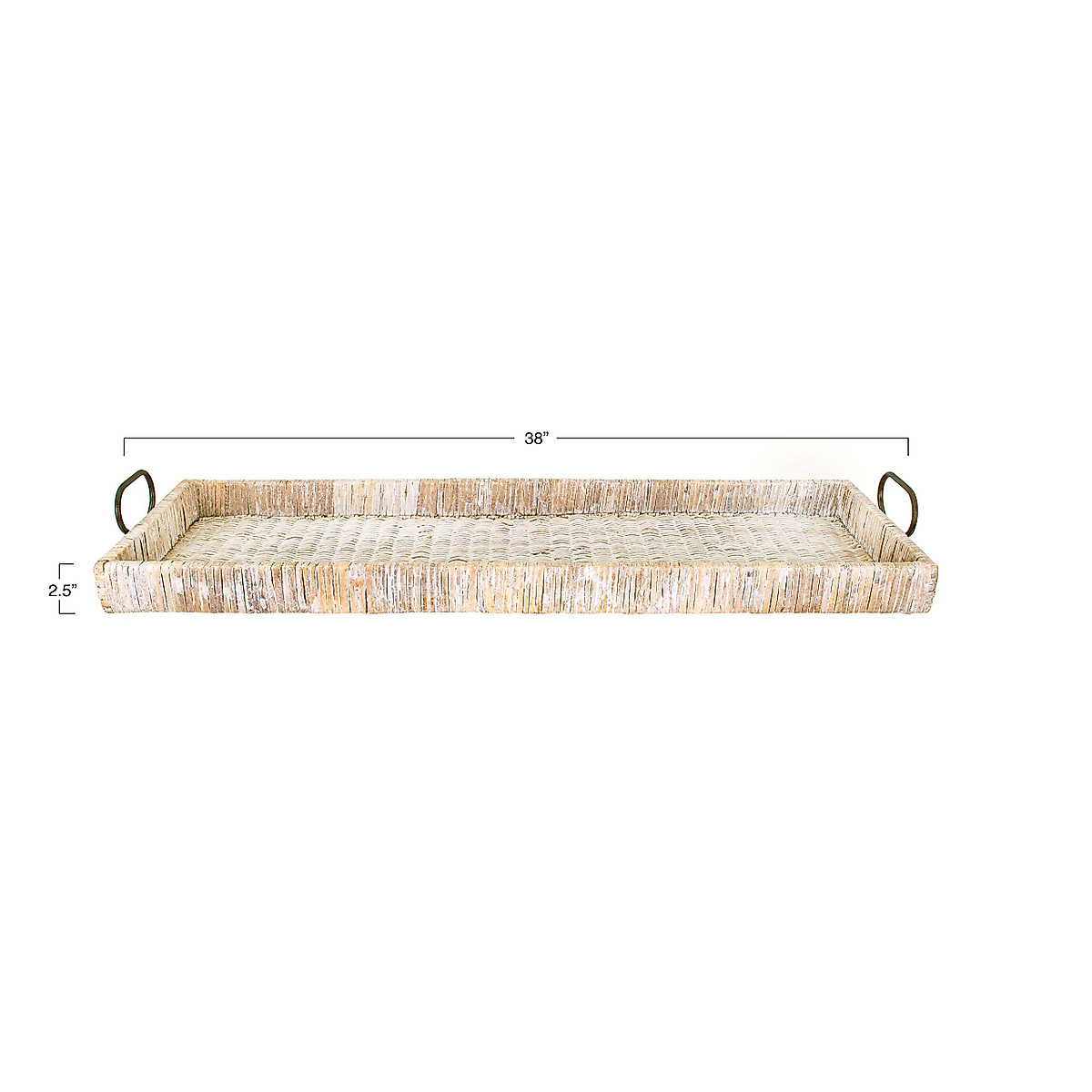 Creative Co-Op Oversize Decorative Rattan Tray with Metal Handles, Tan, Whitewashed