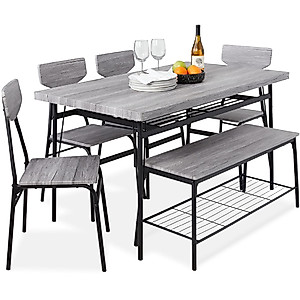 Best Choice Products 6-Piece 55in Modern Dining Set for Home, Kitchen, Dining Room w/Storage Racks, Rectangular Table, Bench, 4 Chairs, Steel Frame - Gray