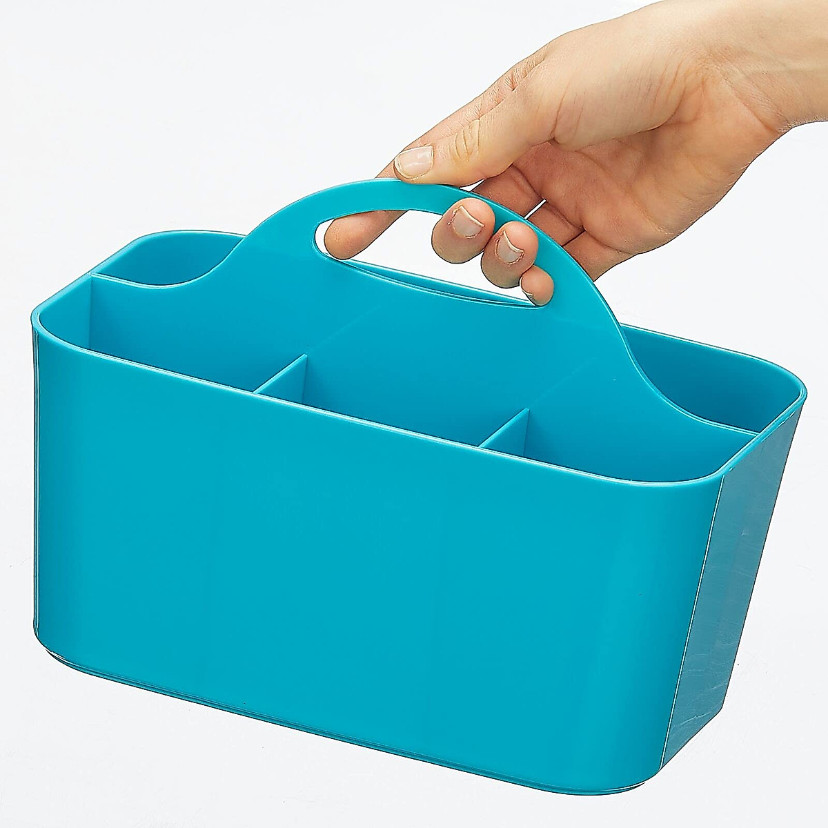 mDesign Small Plastic Shower/Bath Storage Organizer Caddy Tote with Handle for Dorm, Shelf, Cabinet - Hold Soap, Shampoo, Conditioner, Combs, Brushes, Lumiere Collection, Ocean Blue