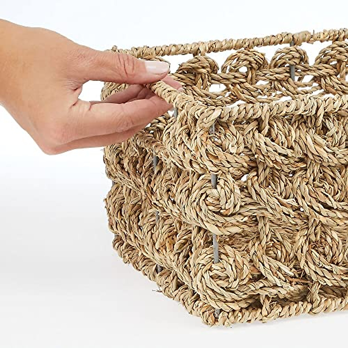 mDesign Seagrass Rose Weave Household Basket with Built-in Handles for Storage in Bedroom, Bathroom, Office - Hold Clothes, Blankets, Linens, Accessories, 3 Pack - Natural/Tan