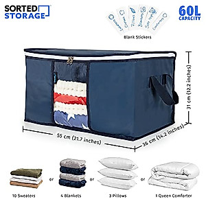 Summer & Winter Clothes Storage Bags with Zipper – 60L Closet Declutter Organizer Collapse Storage Bins for Comforter, Blanket, Bedding – Reinforced Fabric Clothing Storage Bags – Navy, 6 Pack