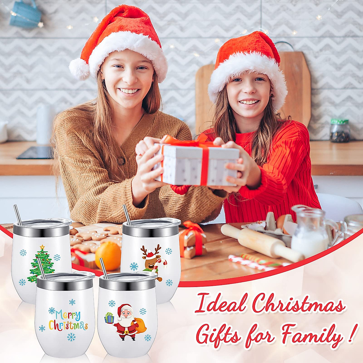 4 Pack Christmas Wine Tumbler 12 oz Stainless Steel Wine Glass Merry Christmas Gift Santa Elk Coffee Mug Holiday Gift for Friends Bff Mom Wife Daughter Coworker Xmas Party Favor Supplies