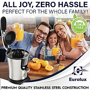 Eurolux Premium Electric Orange Juicer | Stainless Steel Citrus Squeezer With New Ultra-Powerful Motor and Soft Grip Handle for Effortless Juicing, Auto Shutoff, Dishwasher-safe Parts, Pulp Control