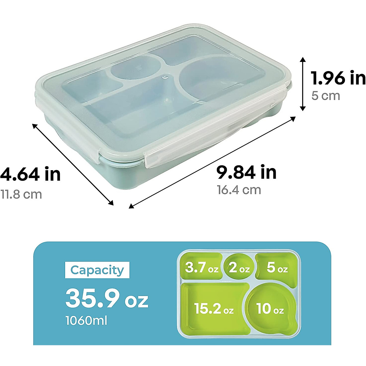 carrotez Portion Control Plate, Microwave Food Storage Tray, 5 Compartment Divided Plate with Lid, Top Rack Dishwasher Safe, BPA Free