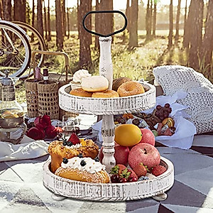Farmhouse Two Tiered Wooden Tray Stand, UBTKEY 2 Tier Wood Round Decorative Tray with Metal Handle for Home Kitchen Seasonal Holiday Decorations, 17"x13" (Distressed White)