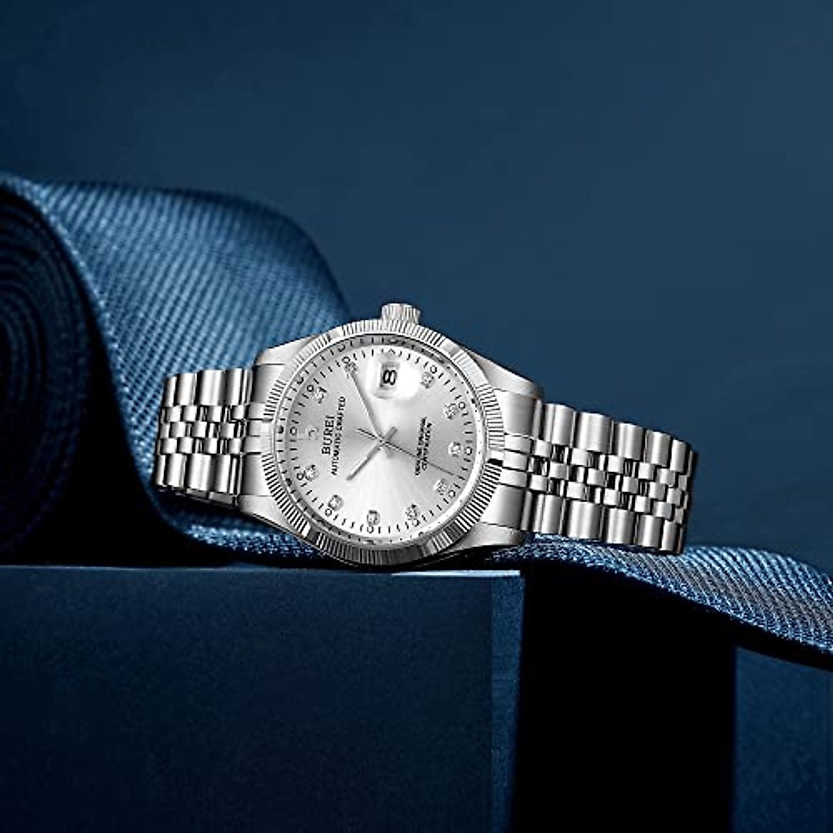 BUREI Luxury Automatic Watches for Men Analog Date Waterproof Wrist Watches with Adjustable Stainless Steel Band and Bracelet Set