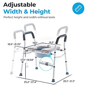 HEAO 3-in-1 Raised Toilet Seat, Adjustable Width/Height, Padded Seat with Splash Guard, Toilet Safety Frame, Shower Chair for Seniors, Handicap,Pregnant, 300 lbs