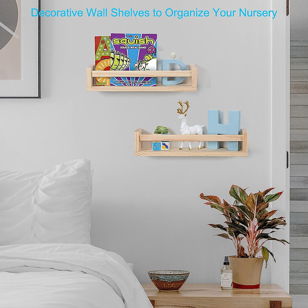 Amy Dceom Nursery Book Shelves Set of 2, Wood Floating Book Shelves for Kids Room, Rustic Baby Nursery Shelf Decor for Bedroom, Living Room (Natural)