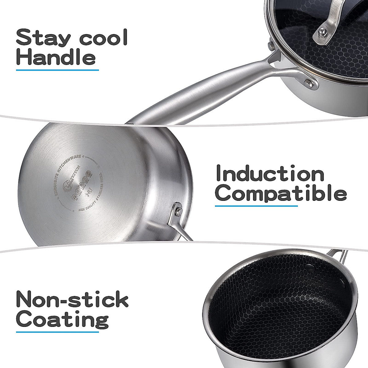 LOLYKITCH 1.5-2.5 QT Hybrid Tri-Ply Stainless Steel Saucepan Set with lids,Sauce Pots,Induction Pots and Pans Set,Anti-Scratch,Dishwasher and Oven Safe.