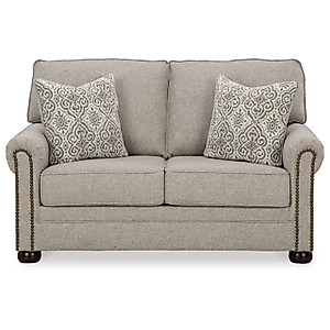 Signature Design by Ashley Gaelon Transitional Loveseat with Nailheads and 2 Accent Pillows, Beige