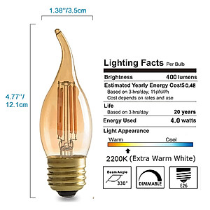 PANLAVIE LED Filament Chandelier Bulb 4W, Vintage Classic Edison Style, E26 Standard Base Amber Glass Light Bulbs, Gold Tint Flame Tip, 40W Equivalent, Ultra Warm White 2200K, Pack of 6