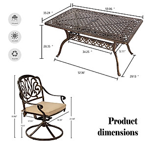 TITIMO 7 Piece Cast Aluminum Patio Dining Set, Outdoor Dining Furniture Patio Table and Chairs Set,6 Floral Pattern Swivel Rocker Chairs with Cushions (Khaki)