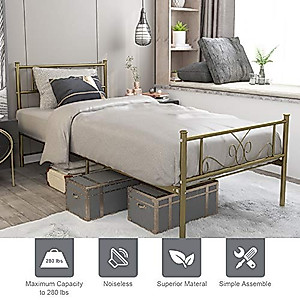 SimLife Twin Bed Frame with Headboard and Footboard Metal Platform Bed Frame Under Bed Storage Mattress Foundation No Box Spring Need Gold