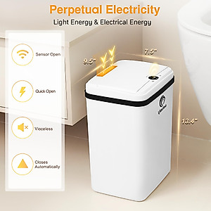 LJIACLEA Automatic Touchless Bathroom Small Trash Can with Lid 4 Gallon Smart Motion Sensor Electric Waterproo Garbage Can for Kitchen,Bedroom, Office, Living Room, USB & Light Energy Charging,White