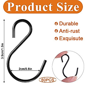 Aiyorse 60 Pack Small S Hooks, 1.5 Inch S-Hooks Ornament Storage Hooks for Hanging Jewelry Black S Shaped Hooks, Hanging Hooks for Spoons Pans Pots Utensils Kitchenware Potted