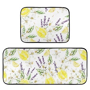 Lemon Fruits Flowers Lavender Kitchen Mat Set of 2 Anti-Fatigue Kitchen Rug Set Washable Foam Cushioned Non Slip Kitchen Runner Rugs and Mats Comfort Standing Mat for Floor Home Decor Doormat