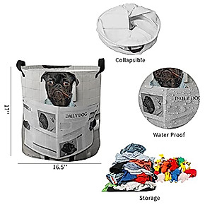 Collapsible Laundry Basket - 16.5 x 17 In Smoking Pug Sitting on The Toilet Storage Bin Laundry Hamper with Handles, Funny Watching Newspaper Waterproof Clothes Baskets for Bedroom/Kids Room