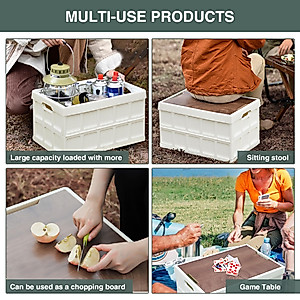 Folding Camping Storage Bins with Wood Lid 60LCollapsible Closet Organizers and Storage Container,Multifunction Plastic Storage Box for,College Dorm Room Essentials,Office,Outdoor,Indoor White