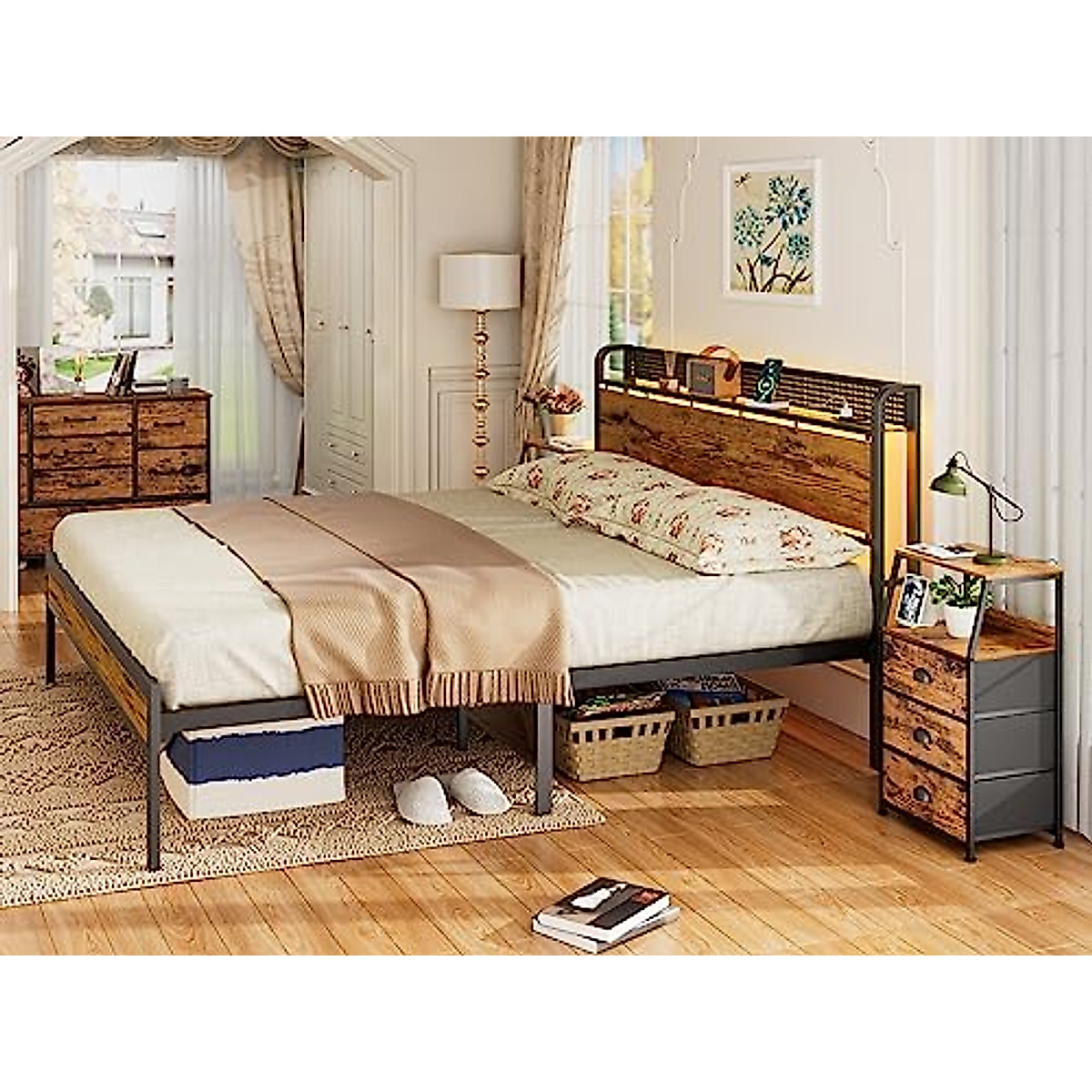 Furnulem King Bed Frame with RGB LED Light,Industrial Storage Headboard with Charging Station and USB Port,Metal Mesh Platform Bed Frame King with Strong Metal Support,No Box Spring Need, Noise Free