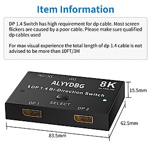 ALYYDBG 8K Display Port Switch, Bidirectional DP 1.4 Switcher Box with One-Click Switching, Supports 2 in 1 Out / 1 in 2 Out; 8K@60Hz, 4K@120Hz, 1080P@240Hz for PC Monitor Laptop