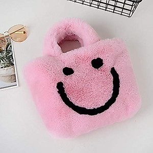 Women Smile Face Faux Fur Clutch Handbag Tote Bag Shoulder Bag Crossbody Bag with Detachable Chain (Light Pink)