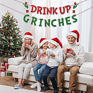 Glittery Drink Up Grinches Banner, Christmas Party Decoration, Christmas Banner for Outdoor Indoor Hanging Decor and Fireplace Xmas Party Holiday Supplies Decoration