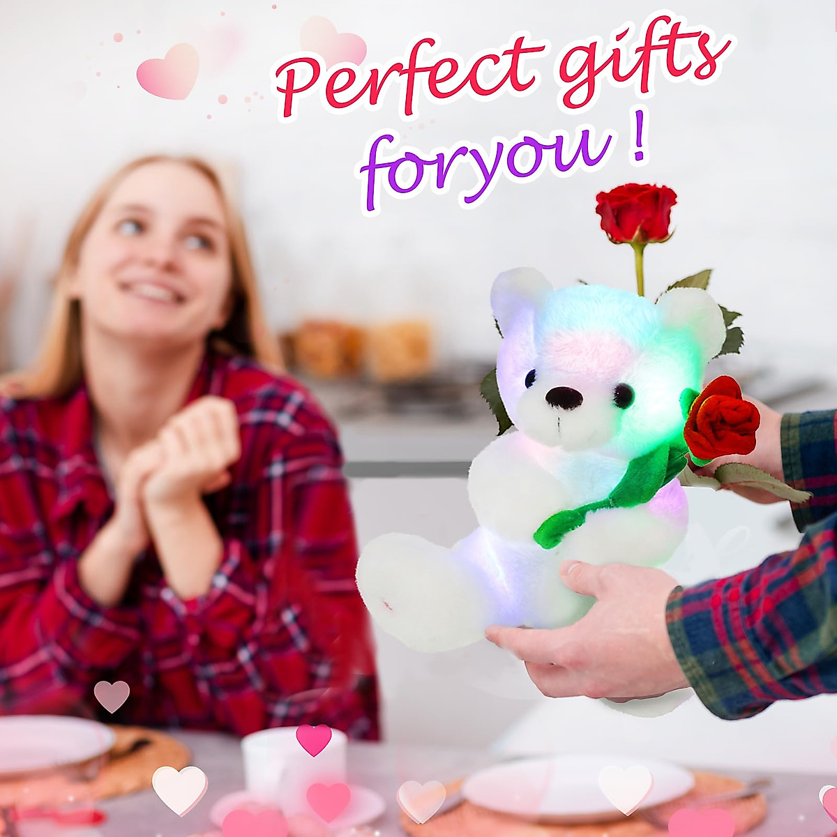 Houwsbaby Glow Teddy Bear with Rose Stuffed Animal for Graduate Soft Light Up Plush Toy LED Night Lights Valentine’s Day Presents for Kids Toddler Girlfriend,White,10.5''
