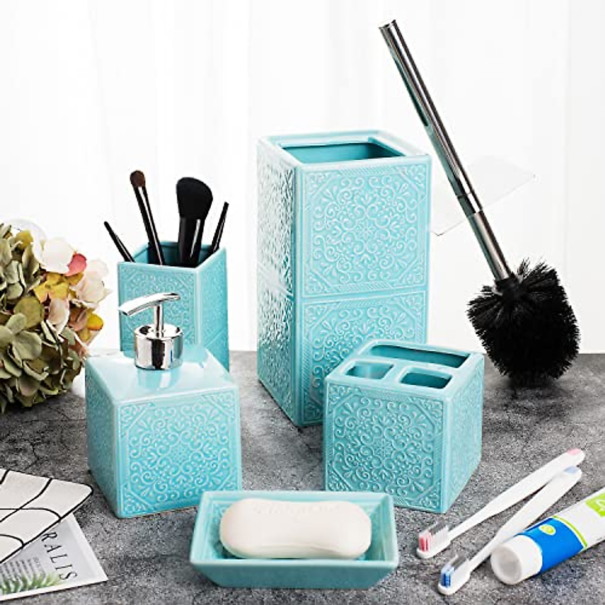 5 Pcs-Teal Blue Bathroom Accessories Sets Complete- Bathroom Accessories Set- Bathroom Accessory Set -Bathroom Accessories- Bathroom soap Dispenser Set