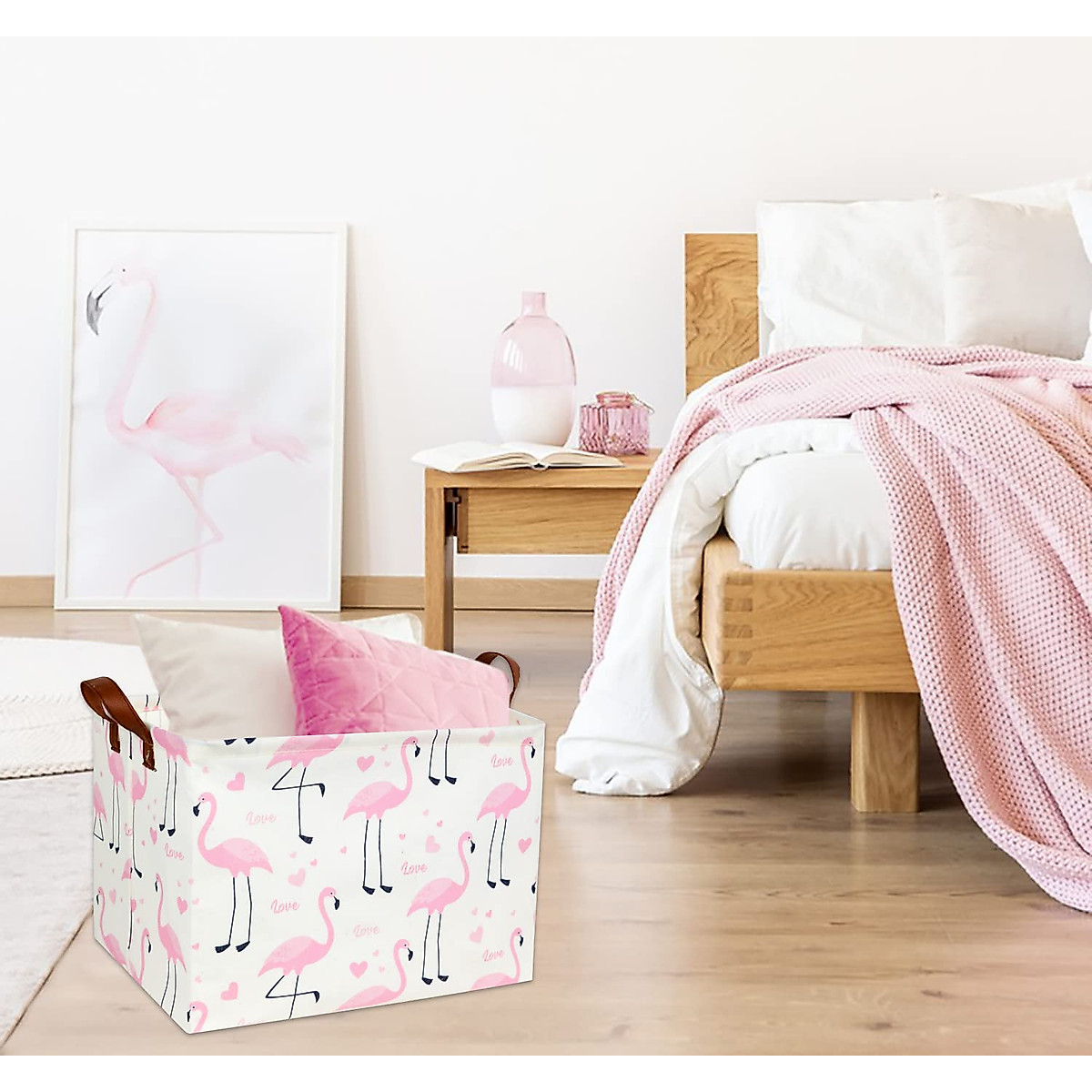 DDBASKET Flamingo Pink Basket Nursery Girl Baby Storage Basket Rectangular Cute Pattern Kids Toy Storage Bin Organizer Book Shelf Basket Baby Girls Flamingo Room Decor(Love Flamingo)