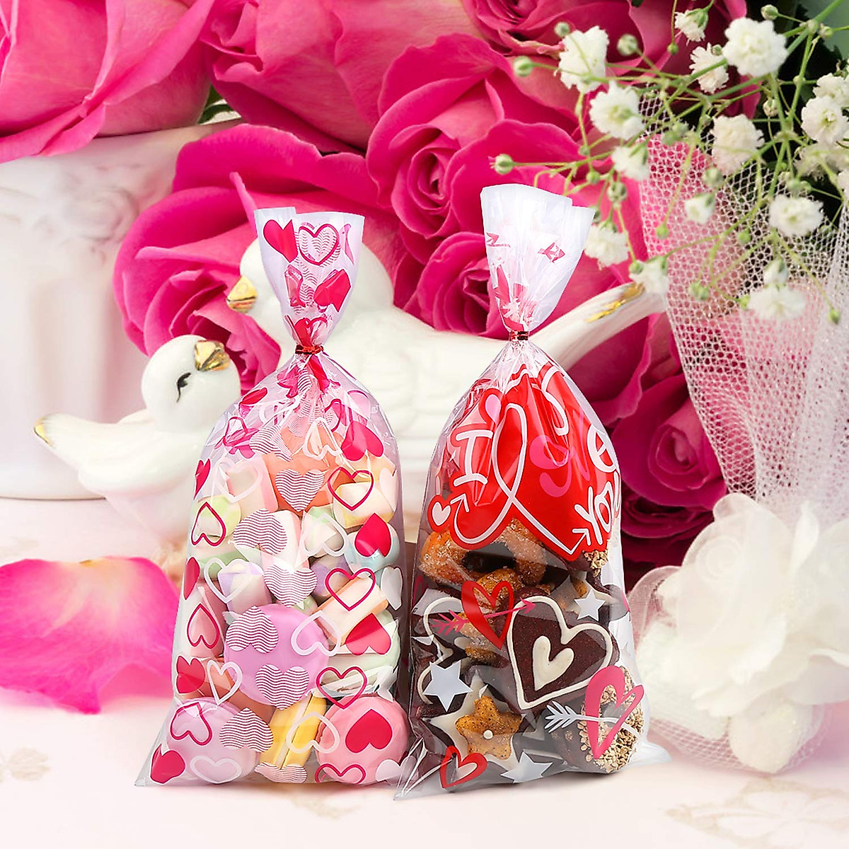 DIYASY Valentine Cellophane Candy Bags,150 Pcs Treat Bags Heart and Love Shape Goodie Bags with 180 Twist Ties for Valentine's Day Party Favor