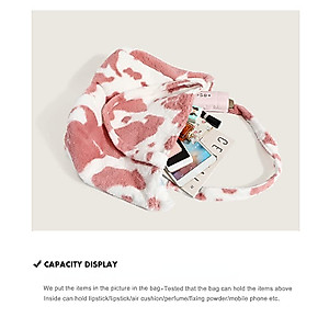 Fluffy Cow Printed Tote Bag Y2K Fuzzy Shoulder Bag Plush Aesthetic Purse Underarm Bag for Autumn Winter (Brown)