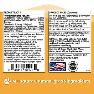 100% Natural Glucosamine for Cats - Msm Arthritis Pain Relief for Cats - Cat Hip and Joint Supplement Liquid - 260mg Glucosamine Chondroitin for Cats