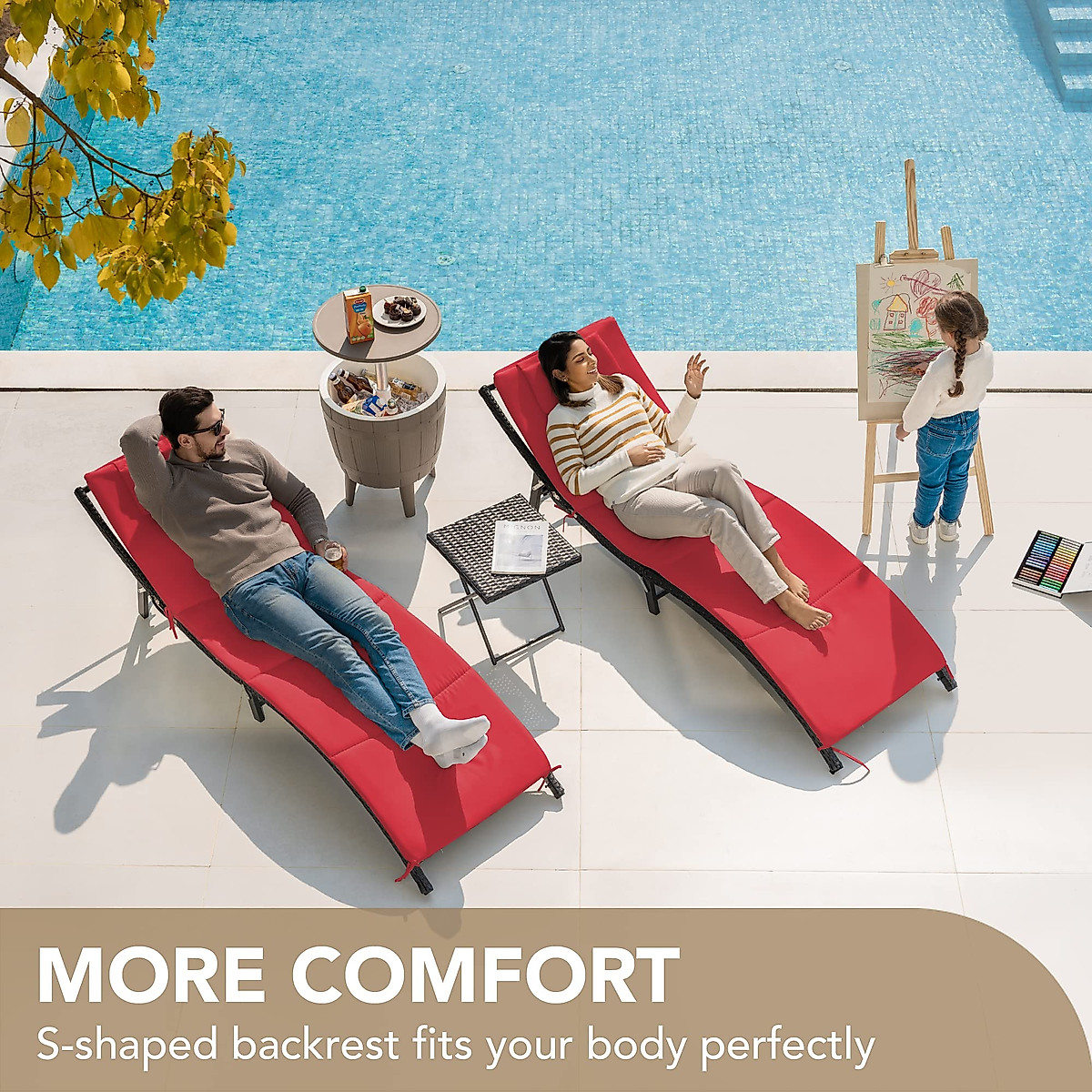 Devoko Patio Chaise Lounge Sets Outdoor Rattan Adjustable Back 3 Pieces Cushioned Patio Folding Chaise Lounge with Folding Table (Red)