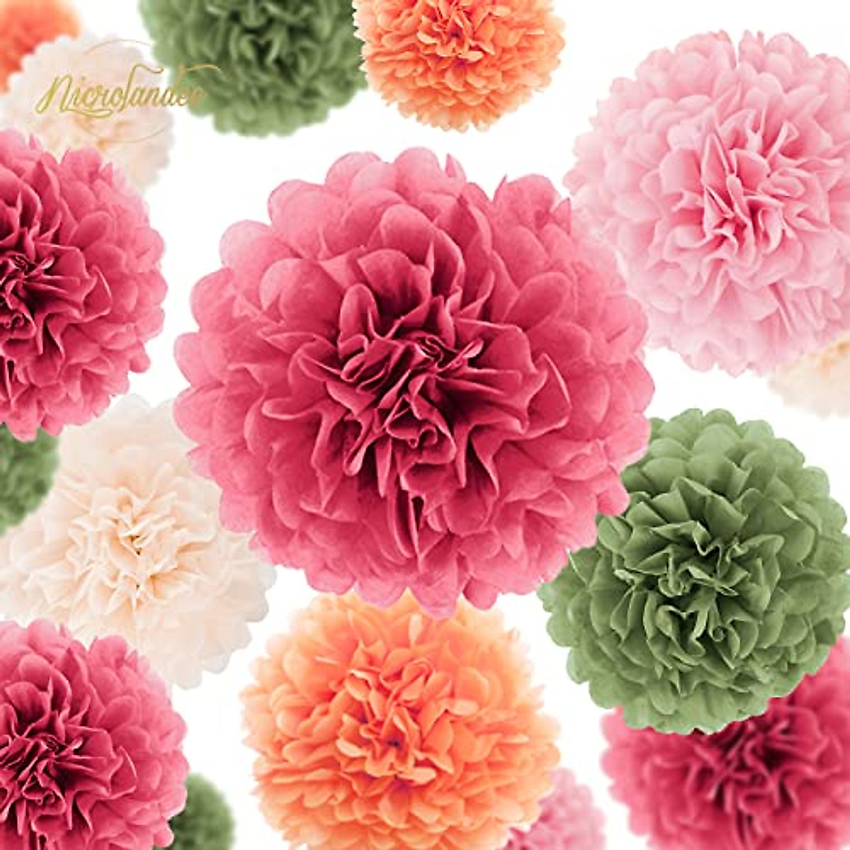 NICROLANDEE Wedding Party Decorations - 16Pcs Pink, Sage Green, Ivory Tissue Paper Pom Poms for Birthday, Engagement, Baby/Bridal Shower, Anniversary, Pastel Party, Festival Decorations