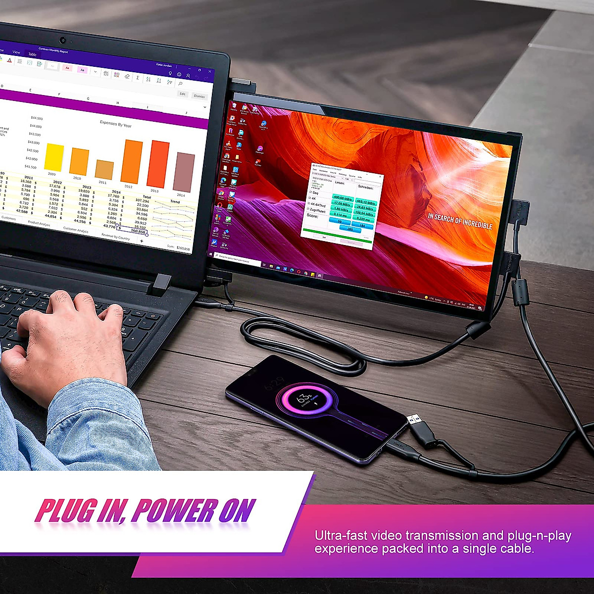 Duex Plus Portable Monitor for Laptop, 13.3" Full HD IPS Dual Screen for Laptops, Mobile Pixels USB C Powered Plug and Play Portable Display,Windows/Apple Compatible