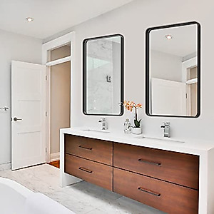 Amorho Black Frame Mirror for Wall, 22x 30 Rounded Corner Rectangle Mirror, Matte Black Bathroom Mirror, Metal Vanity Mirror, Tempered Glass Shatter-Proof Mirror (Horizontal/Vertical)