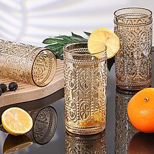 6 Pack Highball Beverage Glass Cup, 12oz Amber Glassware Drinking, Vintage Embossed Drinking Glasses, Old Fashioned Glass for Party Wedding Home Office and Gift