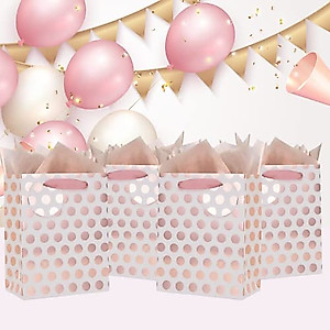 UNIQOOO 12PCS Christmas Metallic Rose Gold Gift Bags Bulk with Tag, Medium 9x7 Inch, Modern Pink Polka Dots Foil Paper Wrap Bags, for Wedding, Birthday, Valentine's Day, Mother's Day Gift Packaging Décor Party Favor