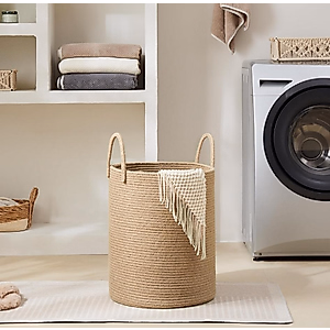 YOUDENOVA Cotton Laundry Hamper, 58L - Woven Collapsible Storage Basket - Jute Brown