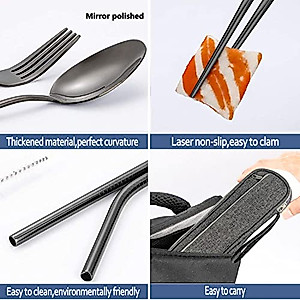 Portable Travel Utensils Silverware set with Case,Reusable Trave Stainless Steel Camping Cutlery set with Chopsticks and Straw, Portable Flatware with Case for Office School Picnic BF(Black)