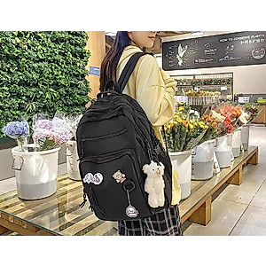 Aesthetic Backpack Cute Kawaii Backpack with Pins and Pendant Laptop Bag Casual Daypack for Women (Black,One Size)