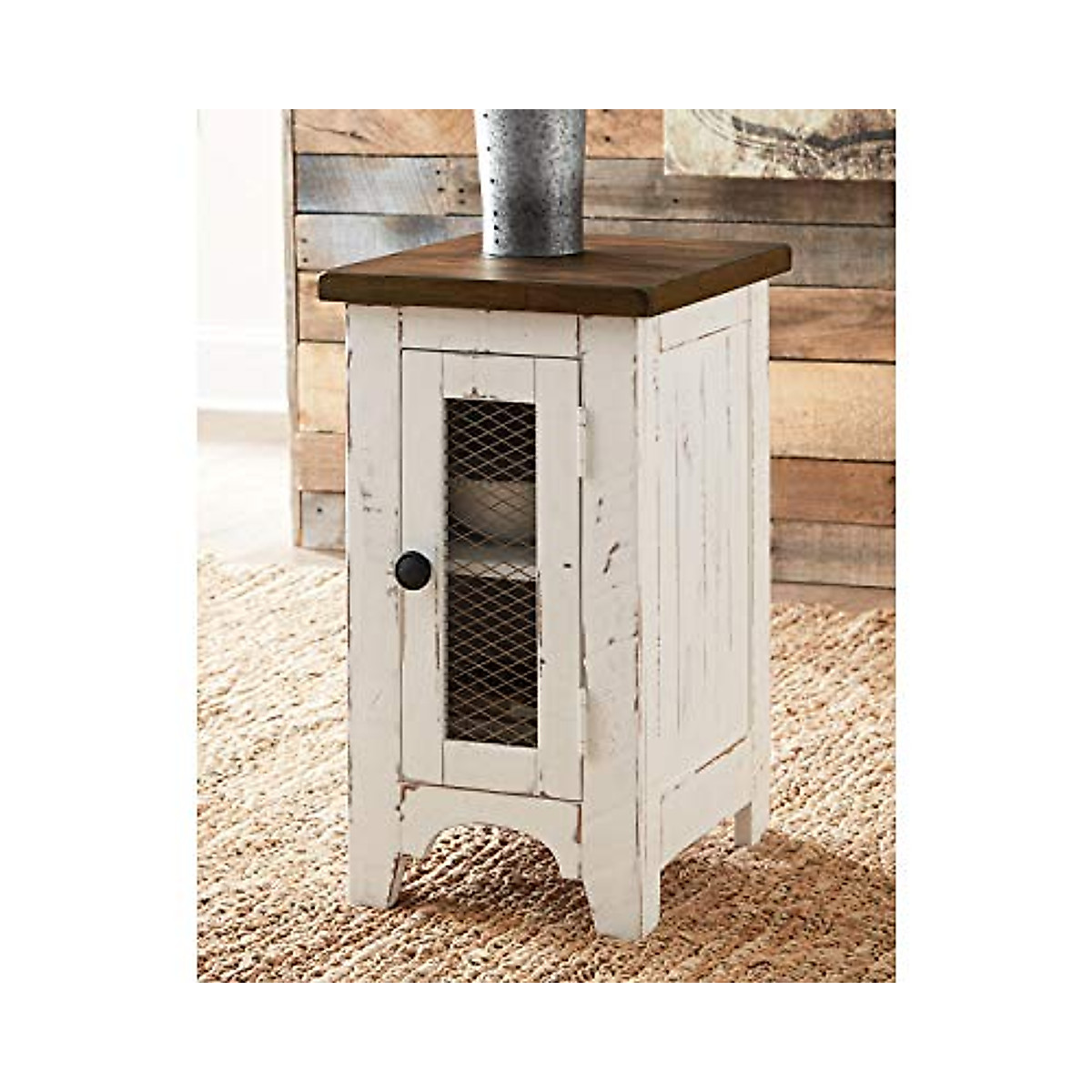 Signature Design by Ashley Wystfield Farmhouse Chair Side End Table with Cabinet Door for Storage, White & Brown with Distressed Finish