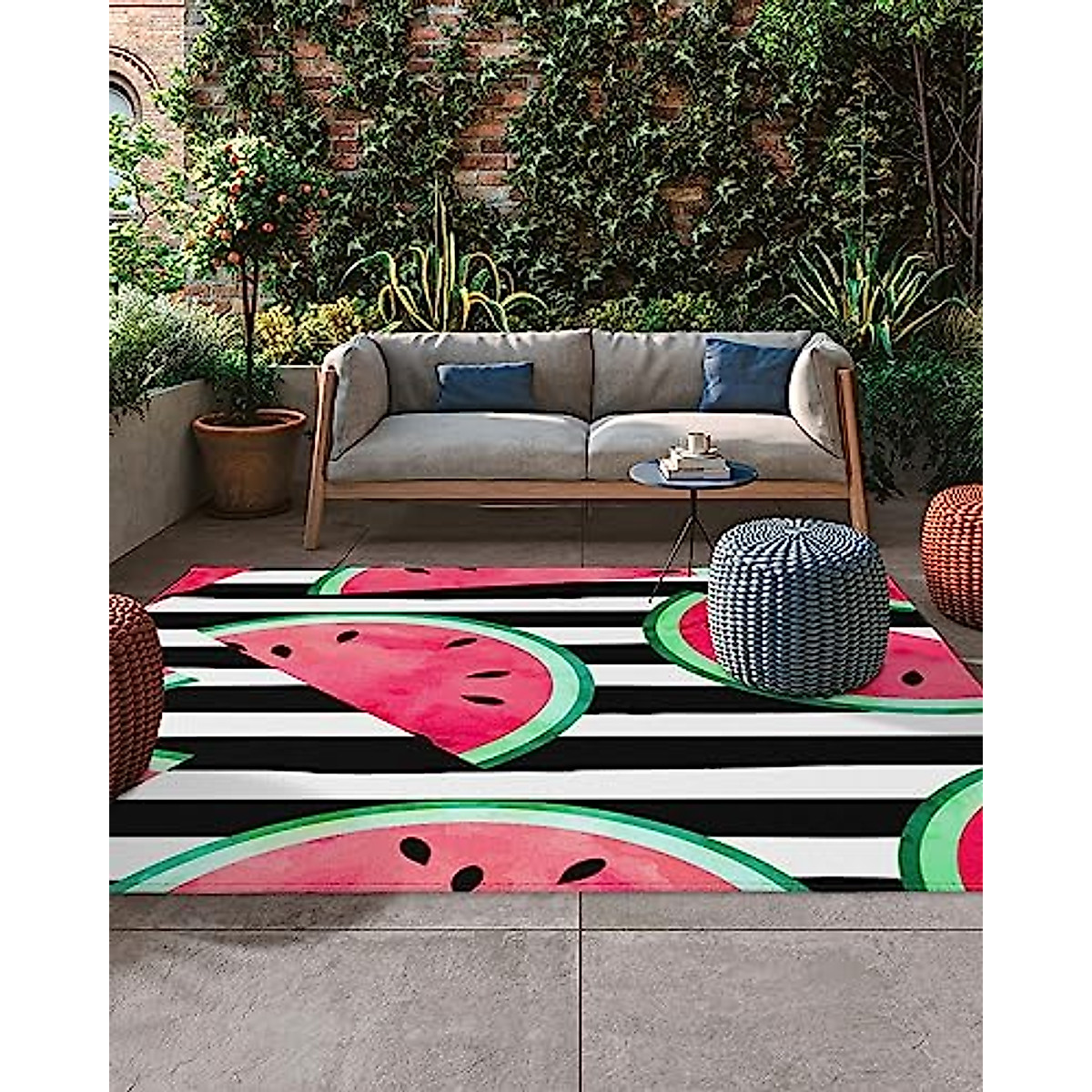 Outdoor Rug Waterproof Outdoor Patio Rug Outdoor Area Rug Mats RV Camping Rugs Outdoor Carpet Tropical Fruit Watermelon Pink Summer Stripe Black and White Background 4x6 Feet