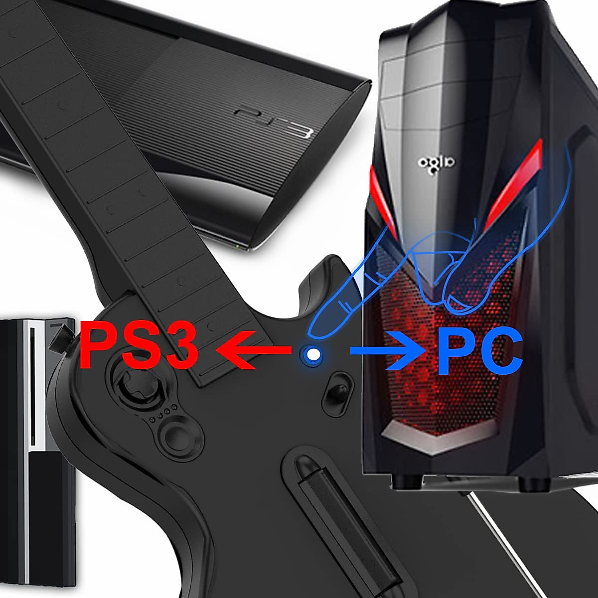 NBCP PC Guitar Hero Controller, Wireless PS3 Guitar Hero with Dongle for PC,Playstation 3 Guitar Hero Rock Band Would Tour Clone Hero Games - Black