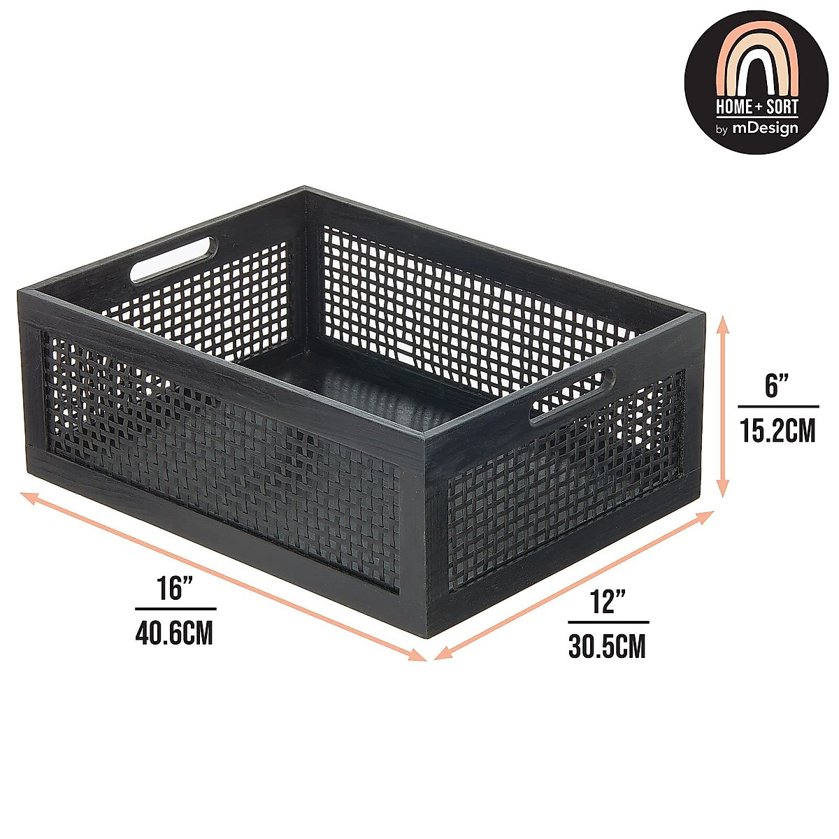 mDesign Large Decorative Wooden Crate Storage Box, Rustic Pine Wood Organizer Bin Basket w/Built-In Handles for Kitchen Pantry, Cupboard, Cabinet, Counter, Home Sort Collection - Black Pine