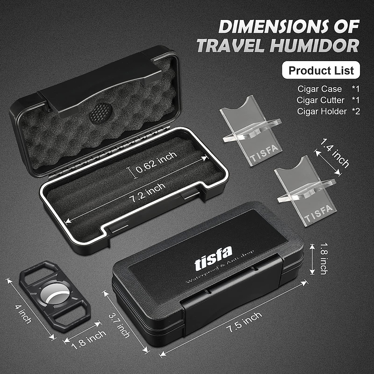 TISFA Cigar Travel Humidor Case with Cigar Cutter and Cigar Stand, Portable Cigar Humidor, Waterproof Cigar Box Holds up to 4 Cigars - Cigars Gift Set for Men (Small)