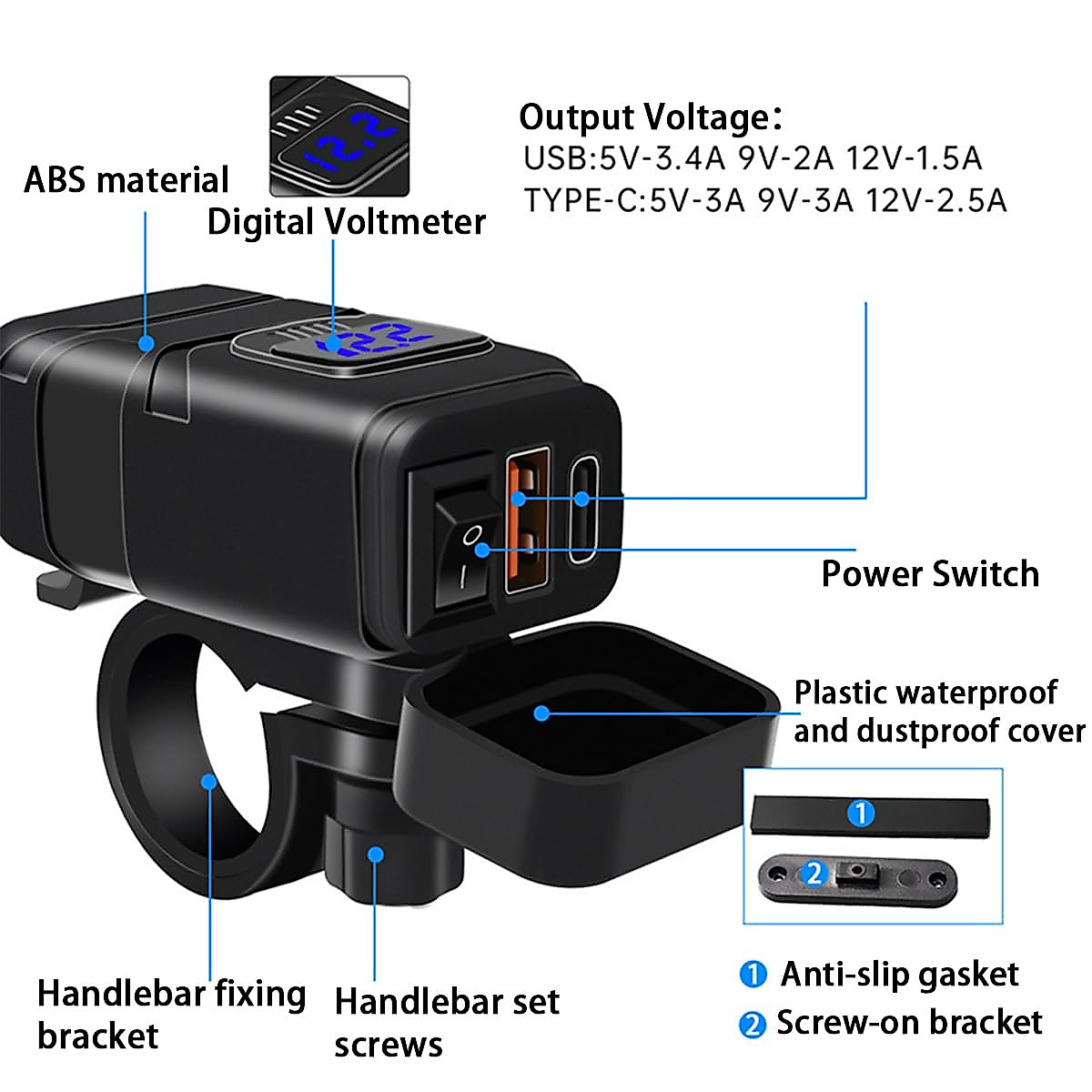 Ankuee Motorcycle USB Phone Charger, Waterproof SAE to USB Adapter with Voltmeter & ON/Off Switch, Dual Quick Charge 3.0 Charger, Motorcycle Accessories for Phone, Tablet, GPS, etc (Blue)