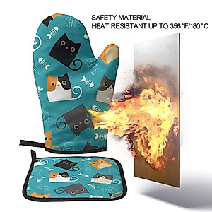 Cats Fishbone Oven Mitts and Pot Holders Set， Heat Resistant Kitchen Gloves with Inner Cotton Layer for Cooking Baking Grilling