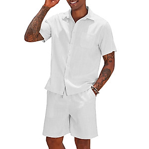 COOFANDY Men Casual Linen Shirt and Short Two Piece Drawstring Elastic Waist Short White