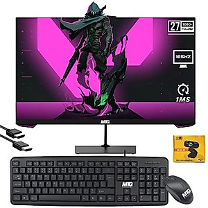 MTG 27 inch 1920x1080 ELED Desktop Laptop Monitor - Full HD 165Hz 1ms, VESA Mountable, HDMI, 3 Side Frameless Bezel, Ultra Light Sleek Thin Design, Webcam, Wired Keyboard Mouse Combo for Home Office`